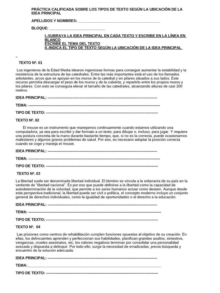 Práctica Calificada Sobre La La Idea Principal-Tema-Tipos de Texto ...