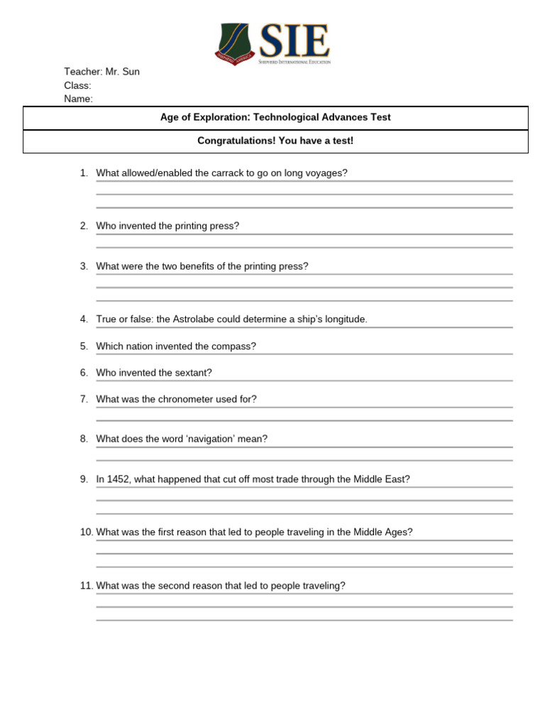 Technological Advances Age of Exploration Test | PDF