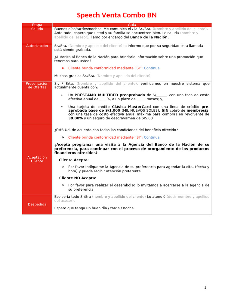 Speech de Venta Combo BN FUVEX Pre Llamada | PDF | Economias | Business
