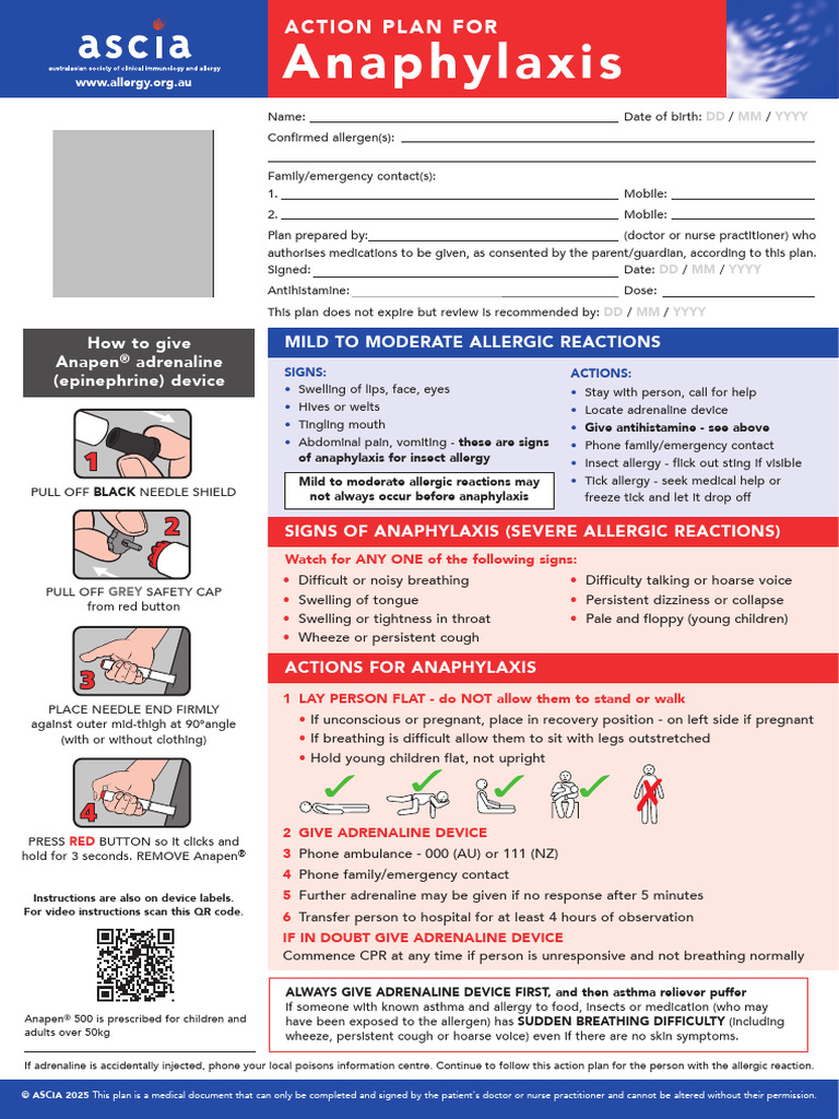ASCIA Action Plan Anaphylaxis Anapen 2025 | PDF | Allergy | Medical ...