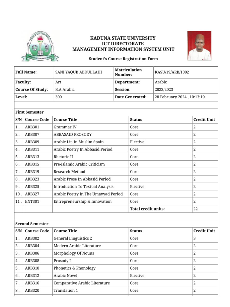 KASU Student Course Registration Form | PDF | Arabic | Arabic Literature