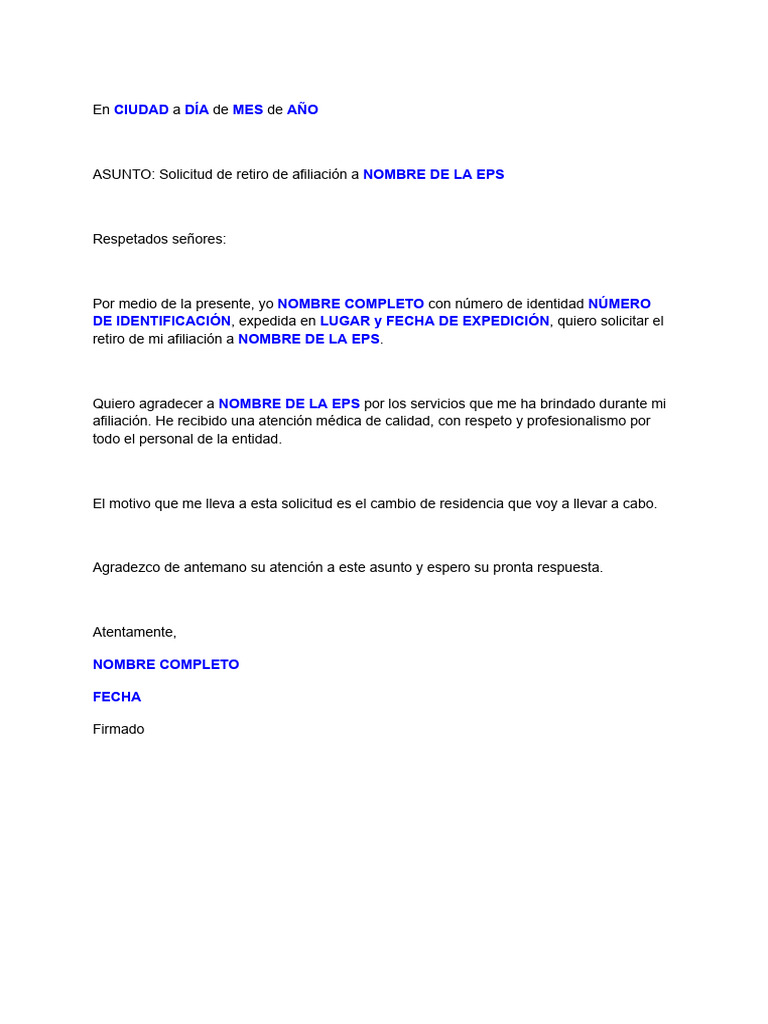 Carta de Retiro EPS, Cambio de Residencia | PDF