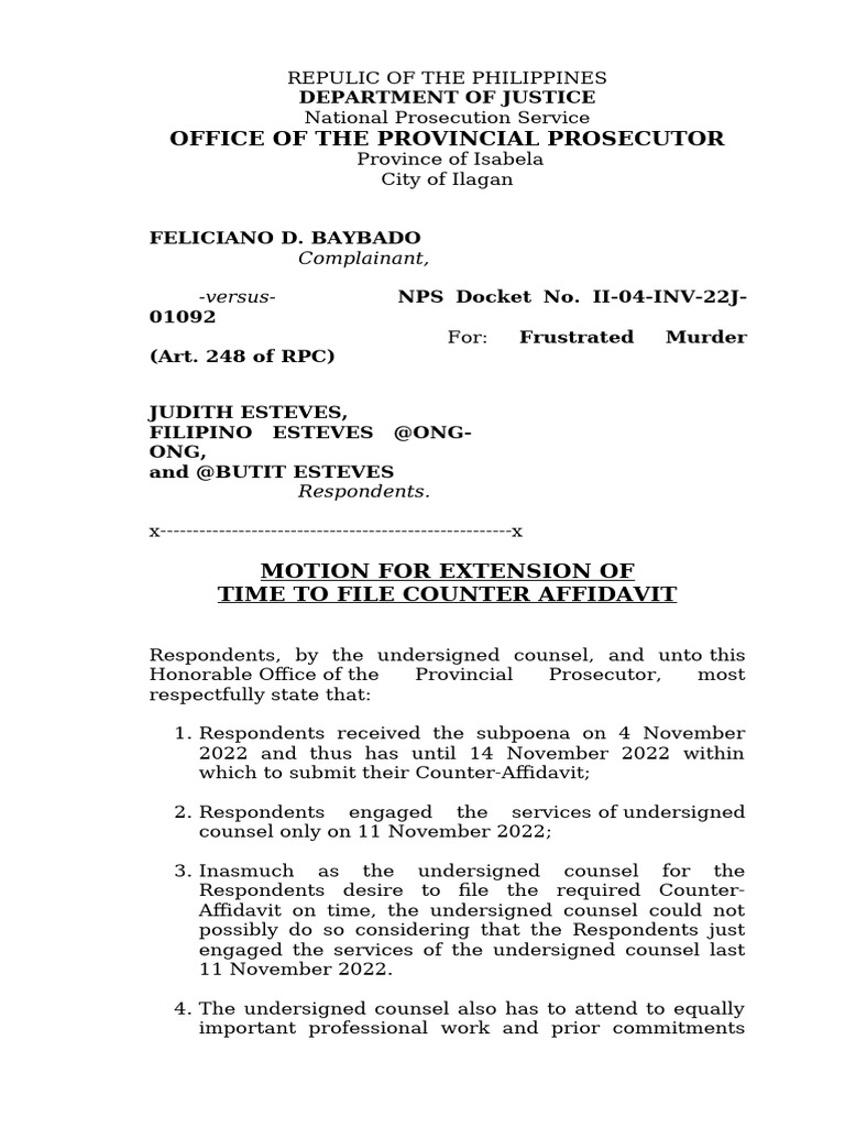 Motion For Extension of Time To File Counter Affidavit | PDF | Common ...