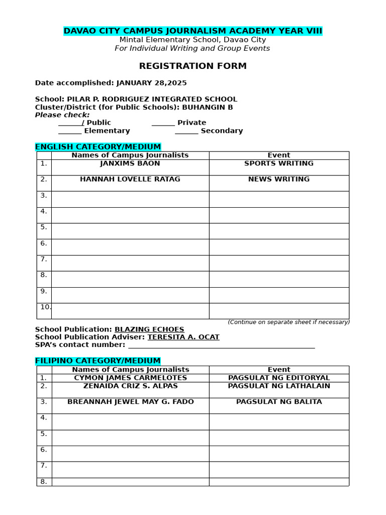 Registration Form - CJ Academy For Campus Journalists | PDF