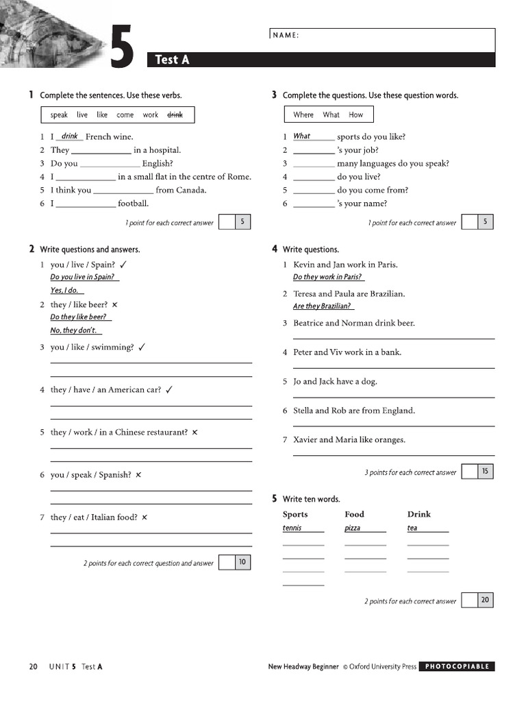 Beginner Headway Unit 5 Test (5th Ed) | PDF