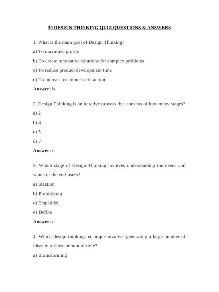 30 Design Thinking Quiz Questions and Answers | PDF | Design Thinking ...