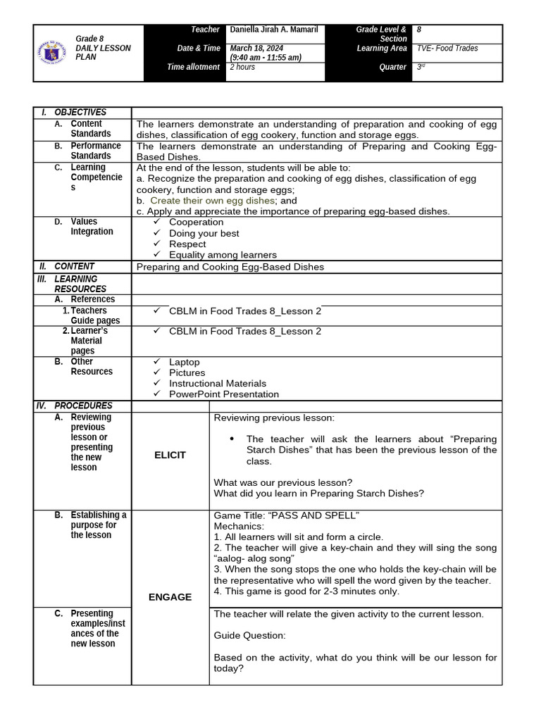 Grade 8 Lesson Plan: Cooking Egg Dishes | PDF | Cooking | Yolk