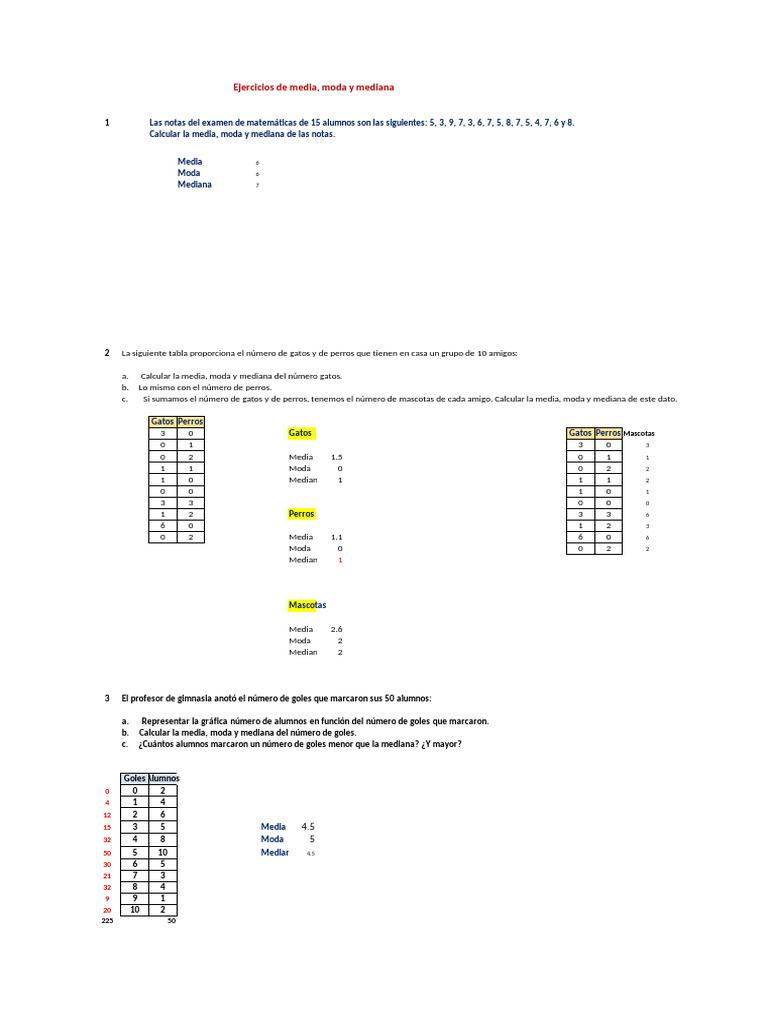 Ejercicios de Media, Moda y Mediana | PDF | Mediana | Matemáticas