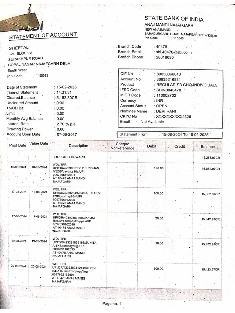 Sheetal Mam Bank Statement | PDF