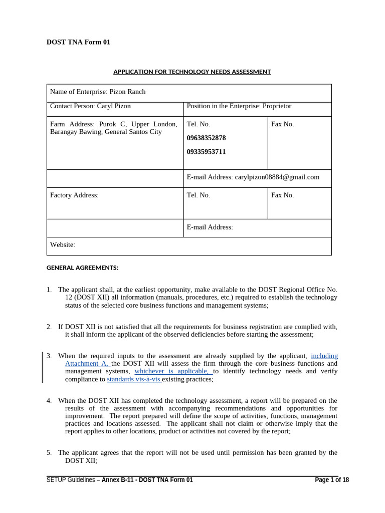 DOST TNA Application for Pizon Ranch | PDF | Dairy | Farms