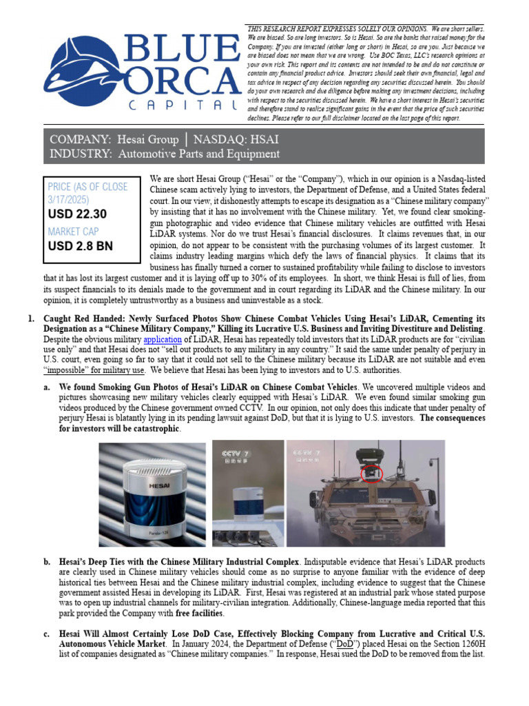 Blue Orca Is Short Hesai Group | PDF | China | World Politics