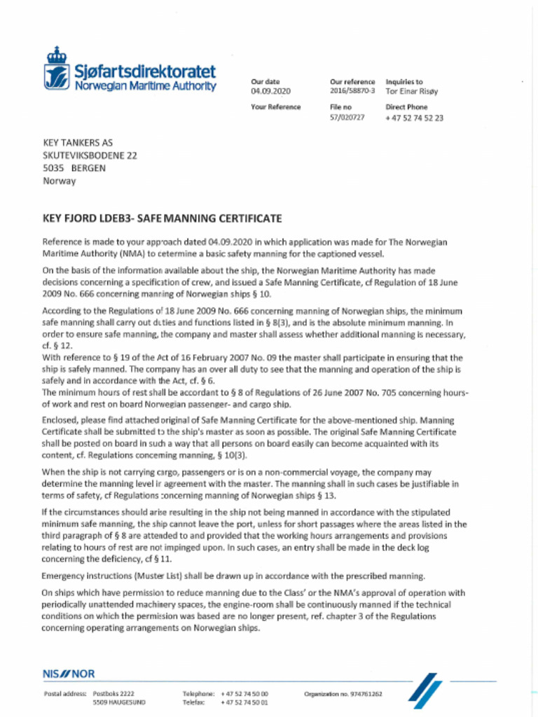 Key Fjord Safe Manning | PDF