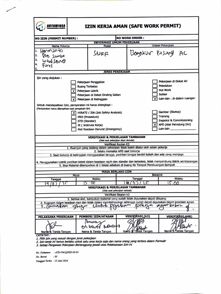 Form Ijin Kerja Aman 14032025 | PDF