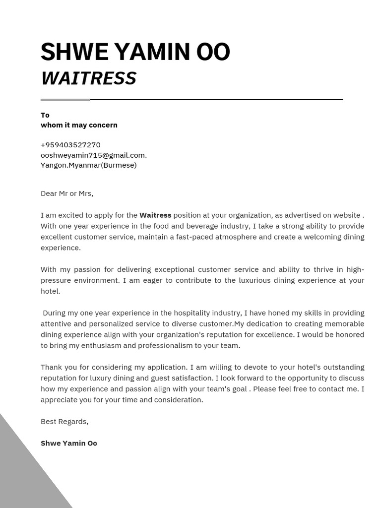 Waitress Application by Shwe Yamin Oo | PDF | Restaurants | Waiting Staff