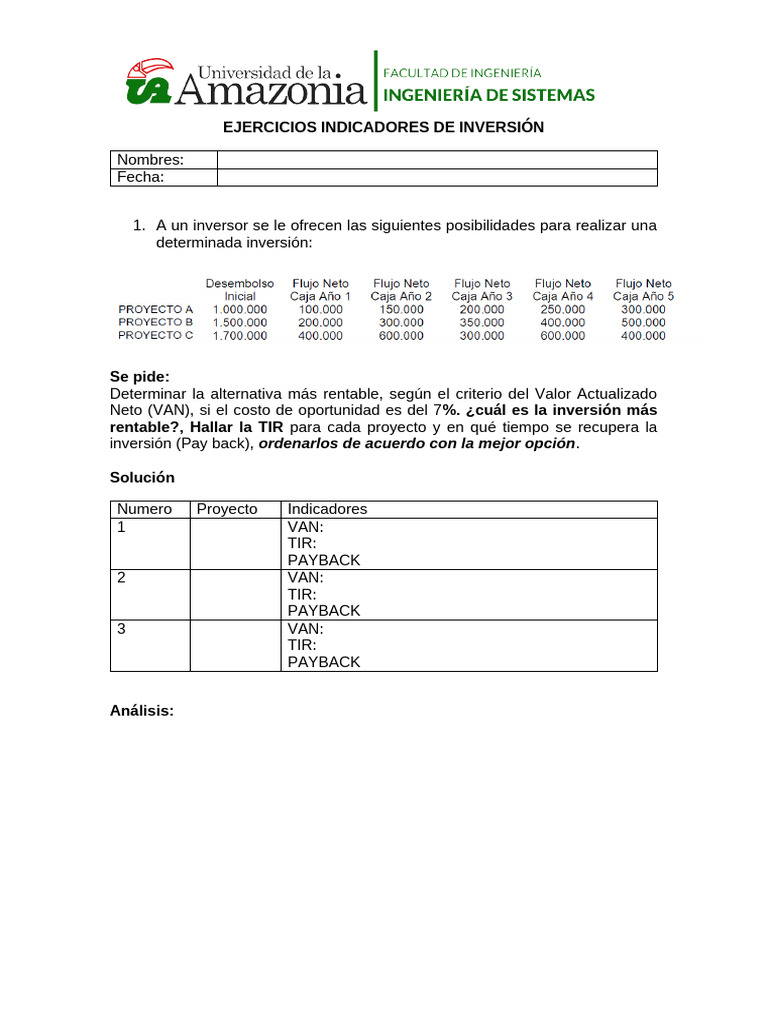 Ejercicios Van Tir - Payback | PDF | Economias | Inversiones