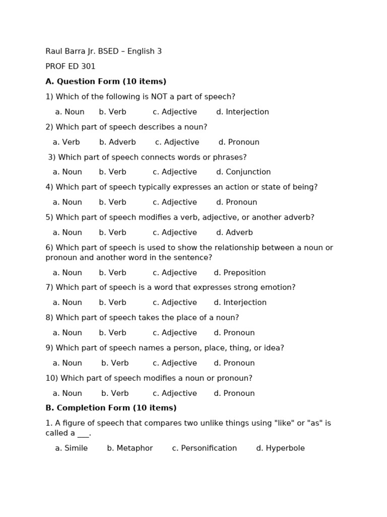 English Part of Speech Quiz | PDF | Part Of Speech | Noun