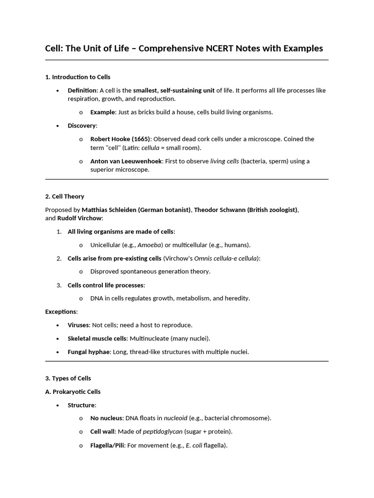 Comprehensive NCERT Notes on Cells | PDF | Cell (Biology) | Endoplasmic ...