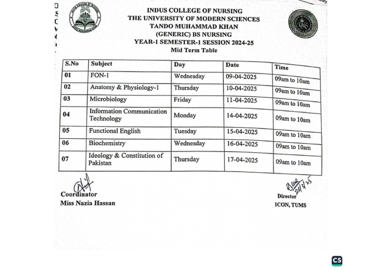 Year-I Semester - 1 Midterm Timetable | PDF