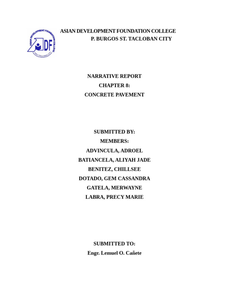 CHAPTER-8-NARRATIVE-REPORT-2 | PDF | Concrete | Road Surface
