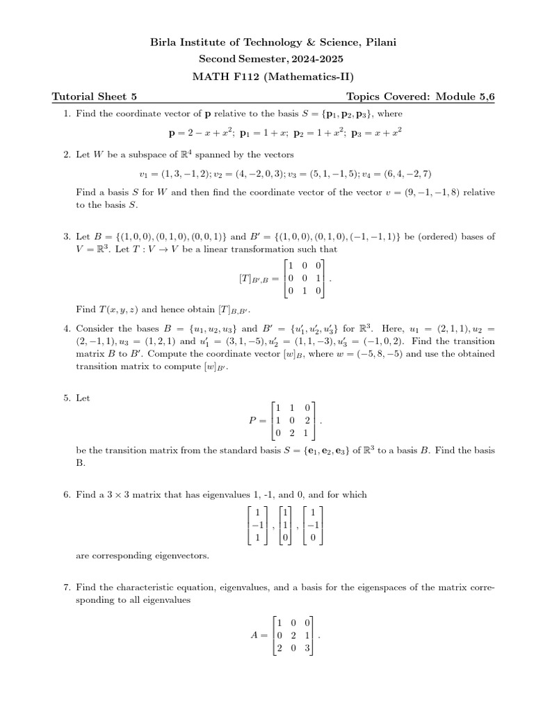Tutorial Sheet 5 - MATH F112 | PDF | Eigenvalues And Eigenvectors | Functional Analysis