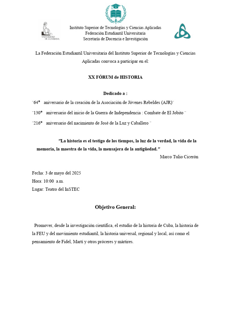 Convocatoria Del XX Fórum de Historia 2025 InSTEC | PDF | Cuba