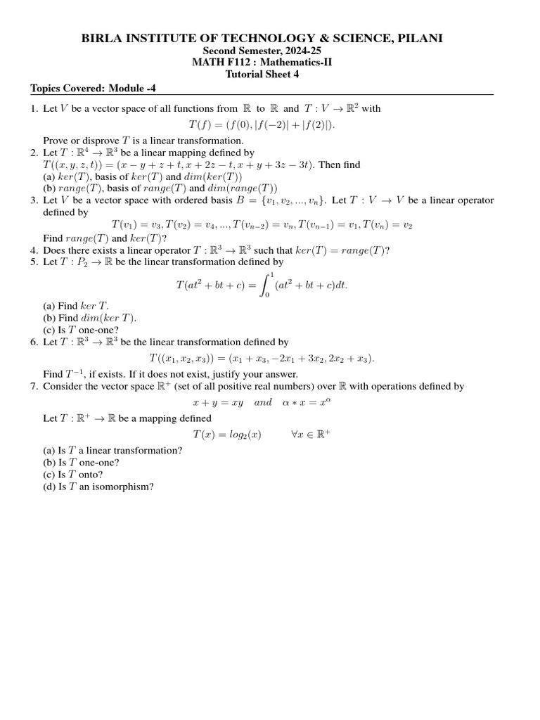 Tutorial Sheet 4 - MATH F112 | PDF