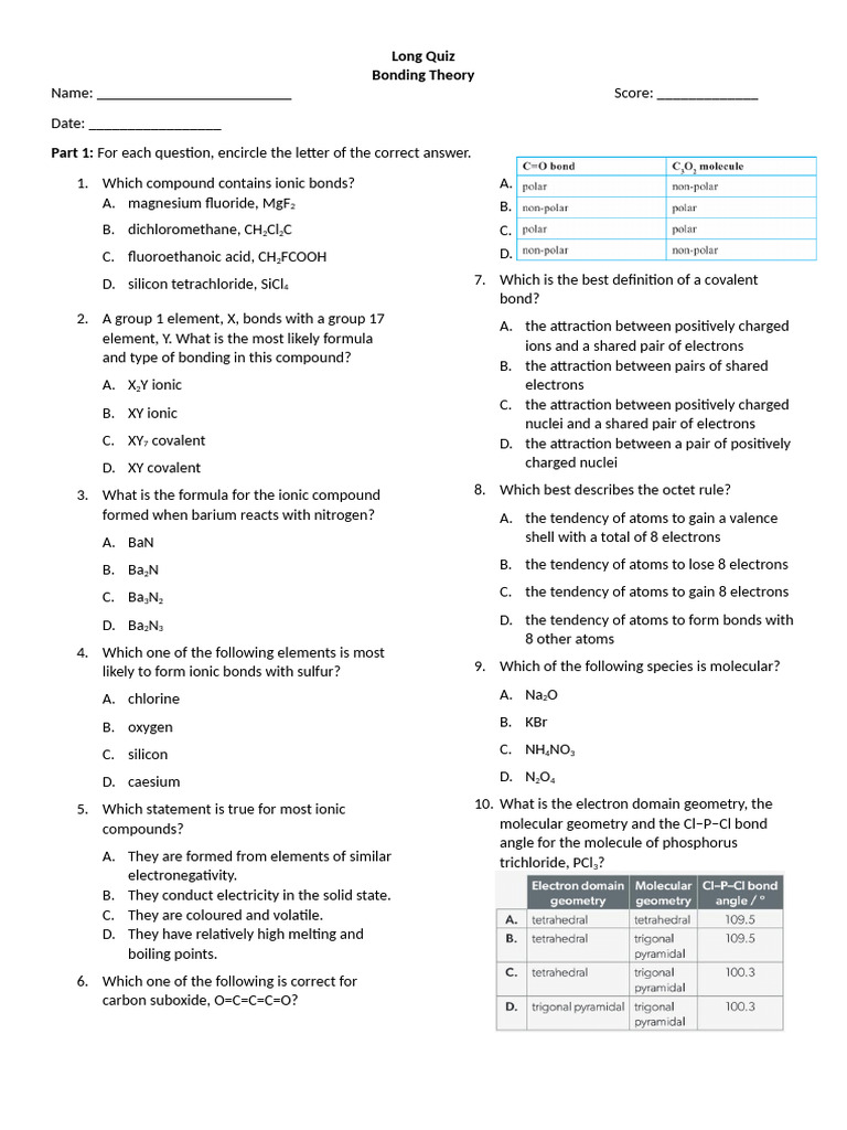 Bonding Theory Quiz | PDF | Chemical Bond | Covalent Bond