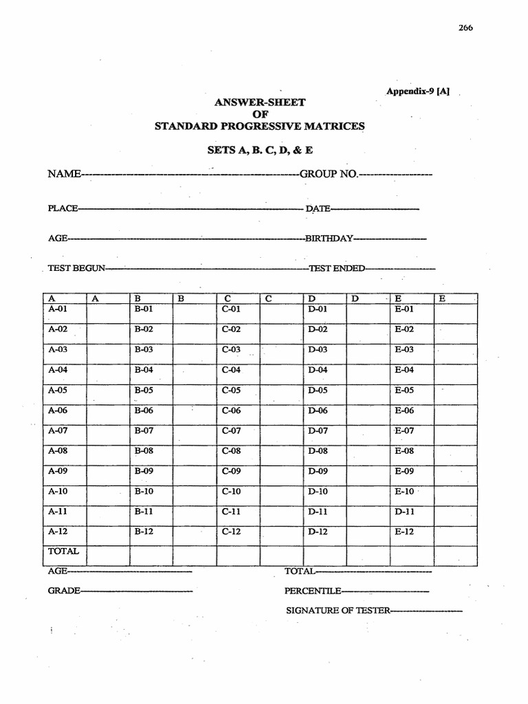 Standard Progressive Matrices Answer Sheet PDF | PDF