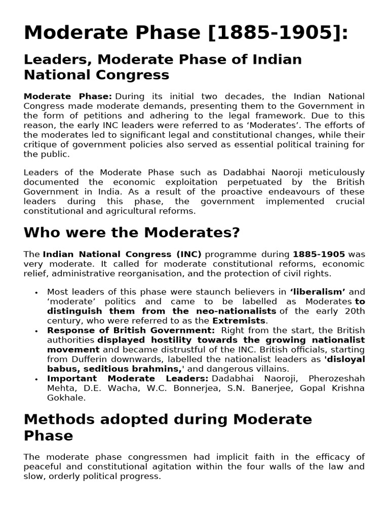 Moderate Phase of Indian National Congress | PDF | British Raj | Indian ...