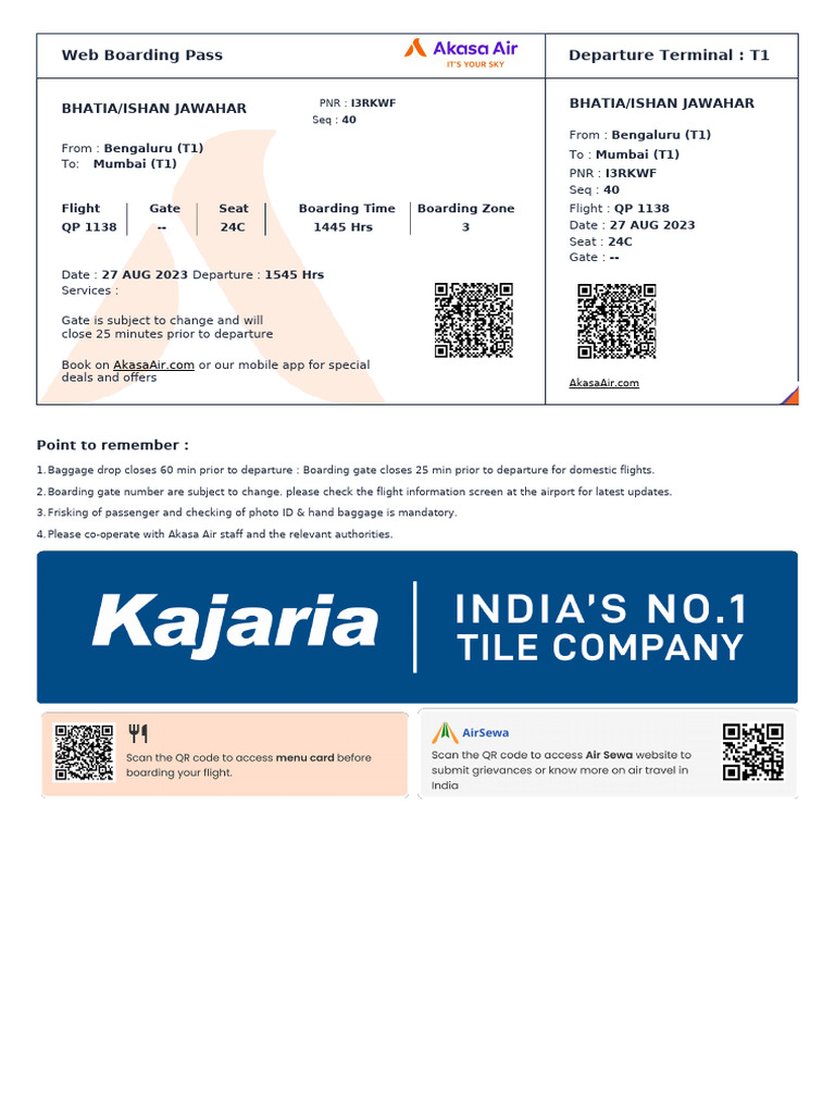 Akasa Air Boarding Pass Details | PDF