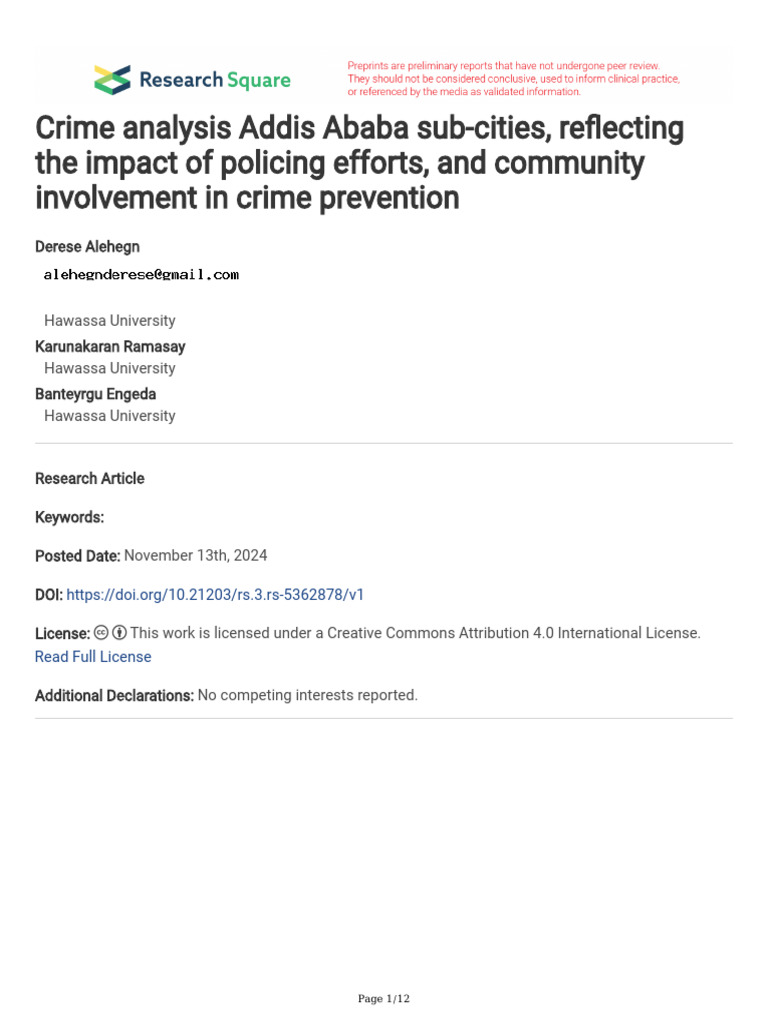 Crime Analysis Addis Ababa Sub-Cities Reflecting T | PDF | Crimes | Crime & Violence