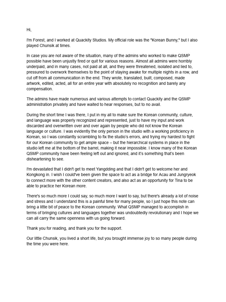 QSMP Korean Admin's Letter | PDF