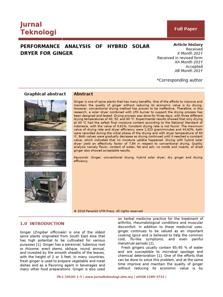 PERFORMANCE ANALYSIS OF HYBRID SOLAR DRYER FOR GINGER - Blind | PDF ...