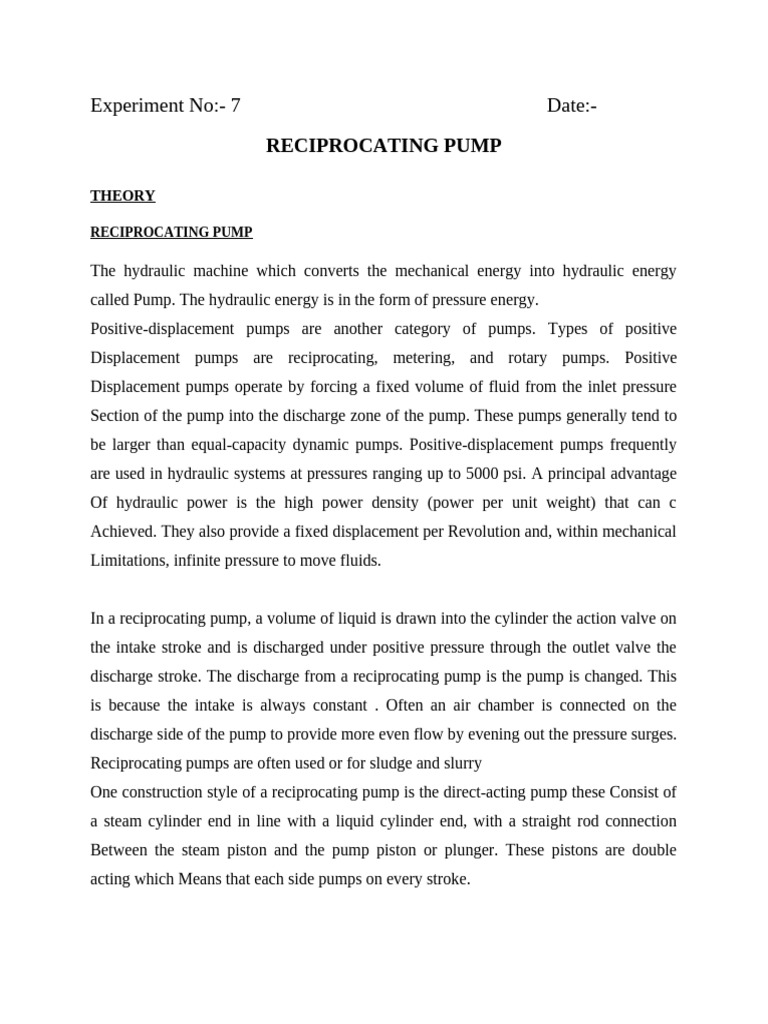 Reciprocating Pump Experiment Guide | PDF | Pump | Rotating Machines
