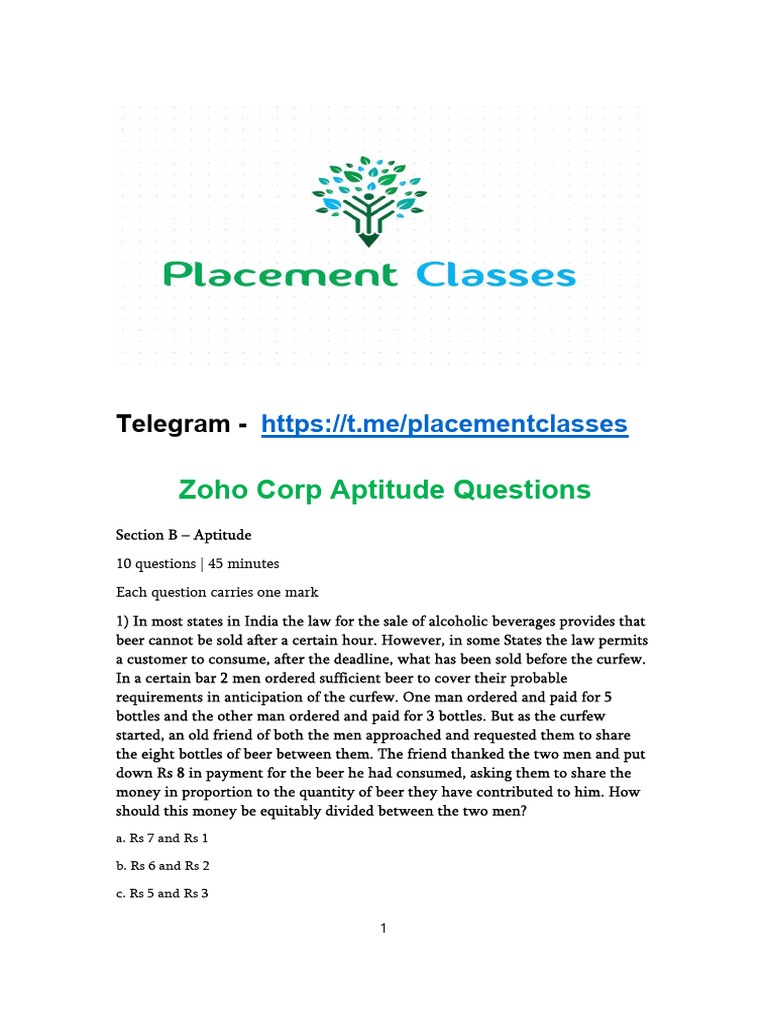 Zoho Aptitude PlacementClasses | PDF