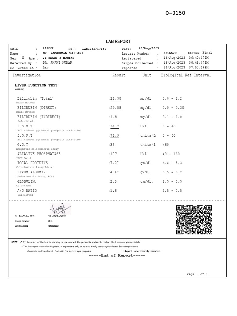 Liver Function Test Results for Mr. Sailani | PDF | Medical Specialties ...