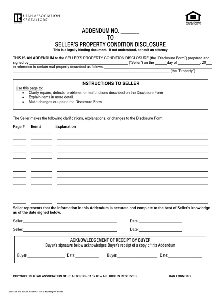 Blank Addendum To Seller's Property Condition Disclosure Form - UAR ...