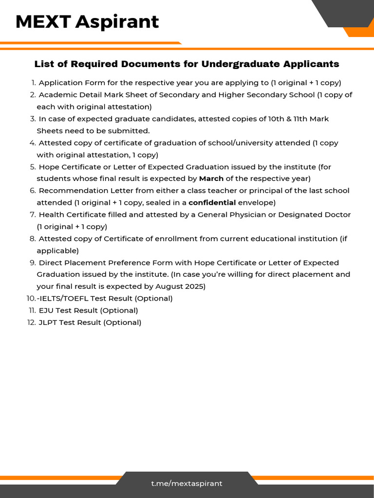 MEXT Aspirant List of Required Documents UG | PDF