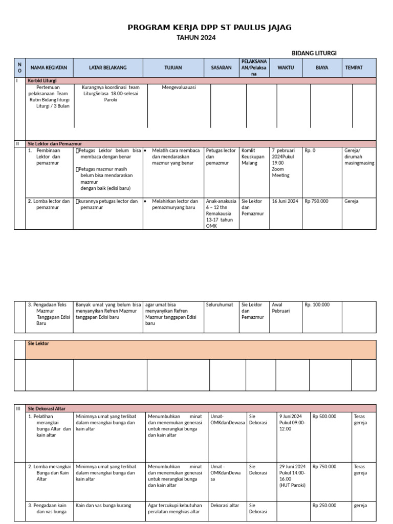 Program Kerja Bidang Liturgi DPP ST Paulus Jajag | PDF