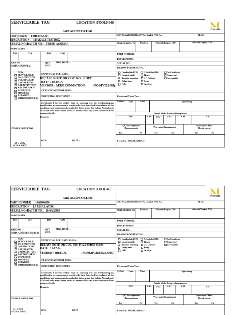 PARTS ACCEPTANCE LABEL FILLABLE FORM- RANJIV | PDF