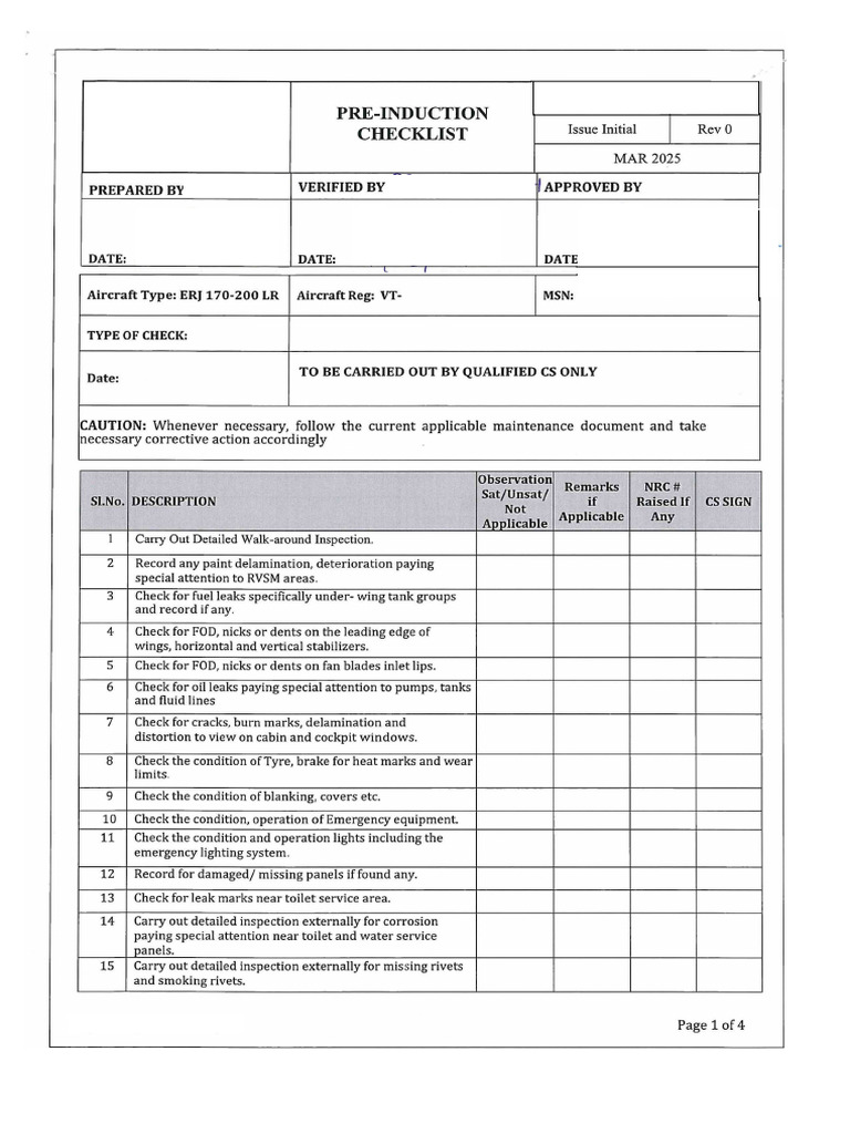 PRE INDUCTION CHECKLIST ISSUE 00 REV 00 MAR 2025 Manah | PDF