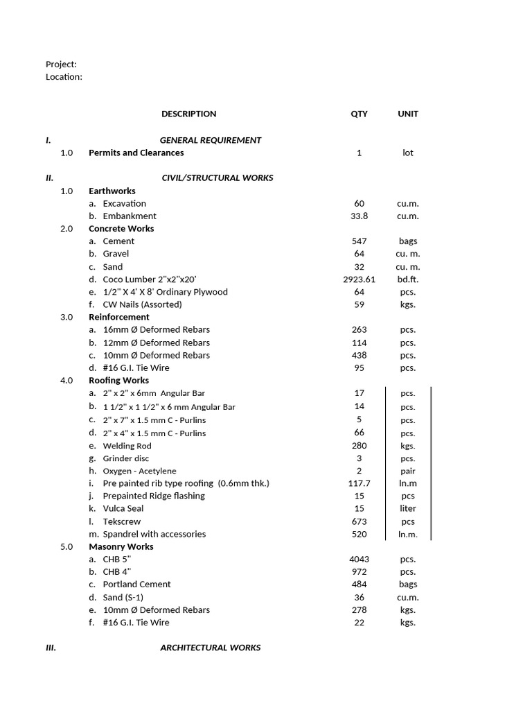 Construction Project Material List | PDF | Tile | Window