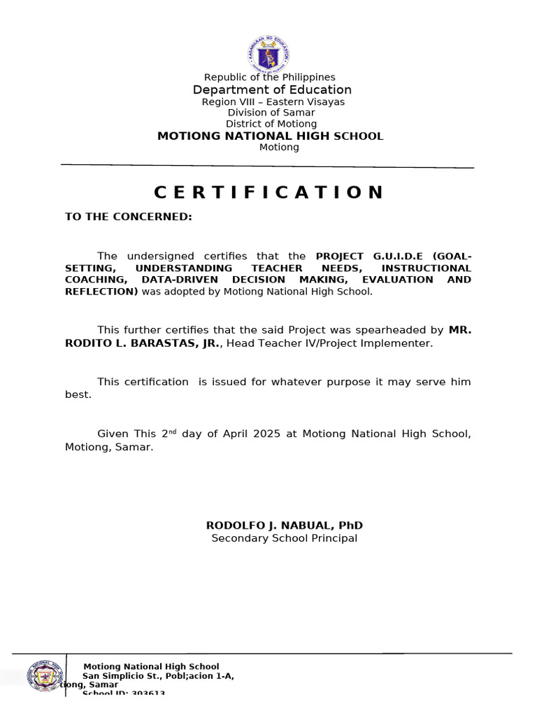 Certification of Project G.U.I.D.E at MNHS | PDF