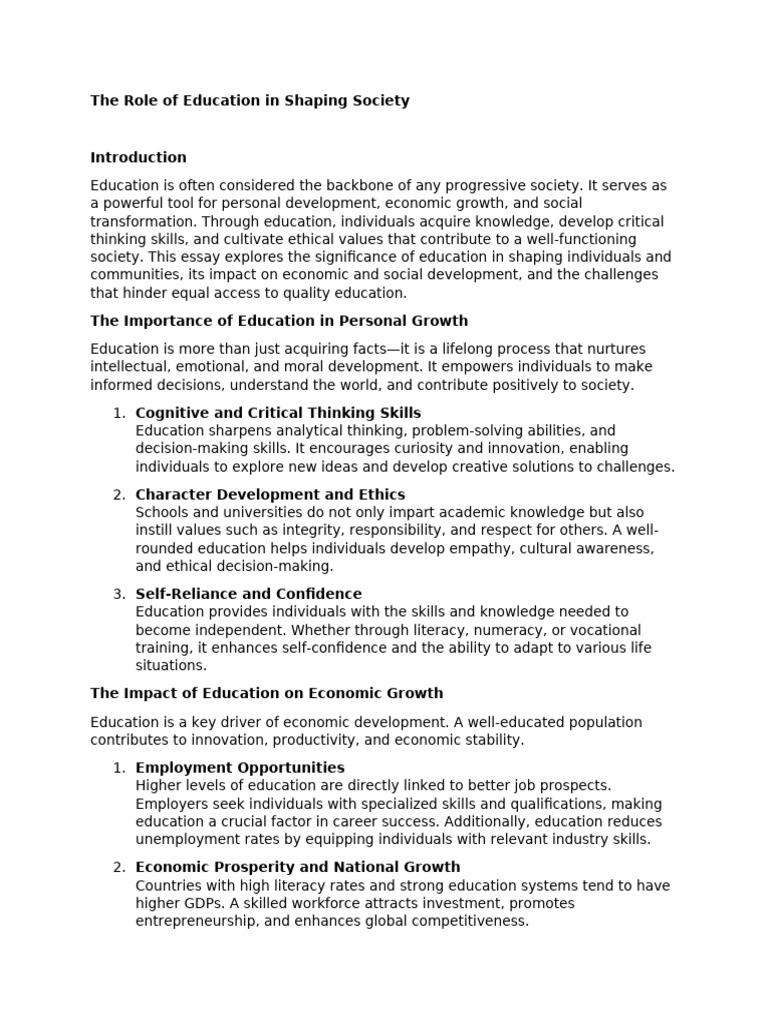 The Role of Education in Shaping Society | PDF | Economic Inequality ...