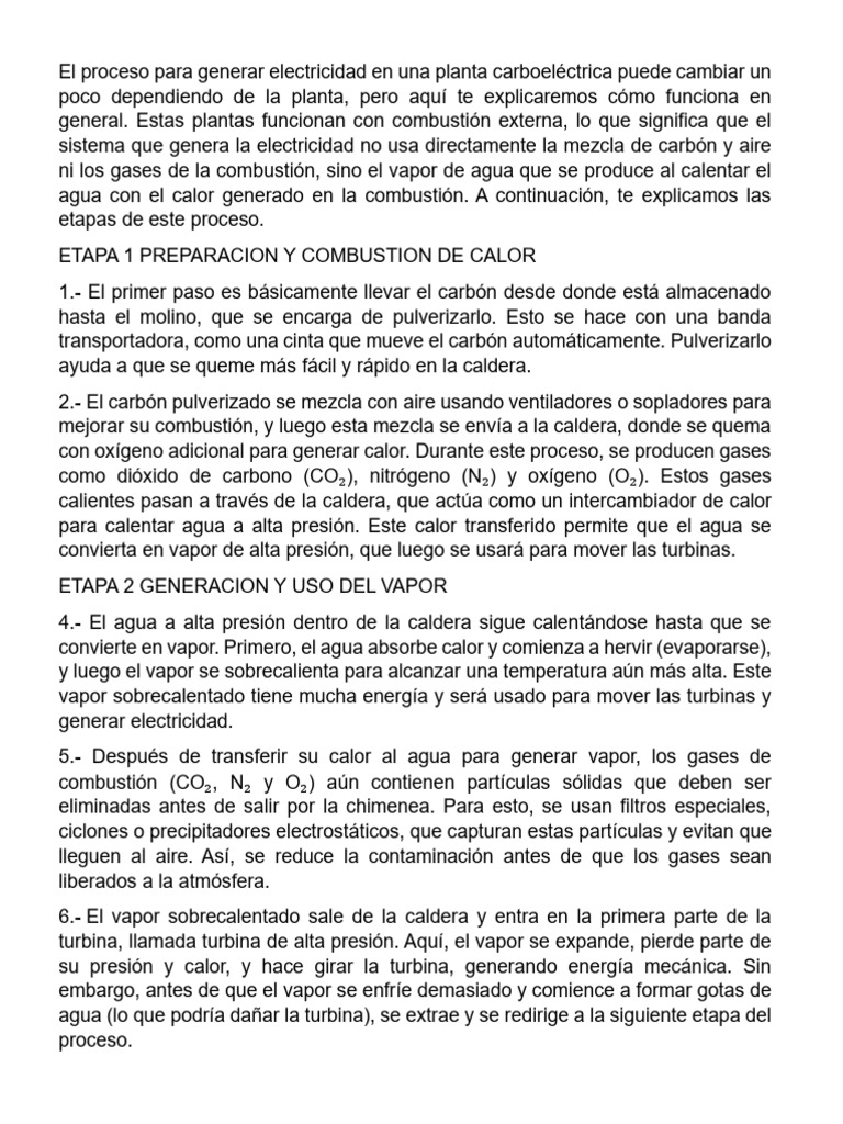 Funcionamiento de una planta carboeléctrica | PDF | Vapor de agua | Vapor