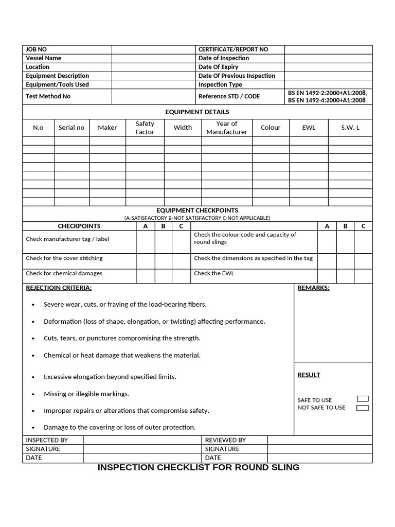 Checklist Fomat Round Sling-1 | PDF | Mechanical Engineering | Materials