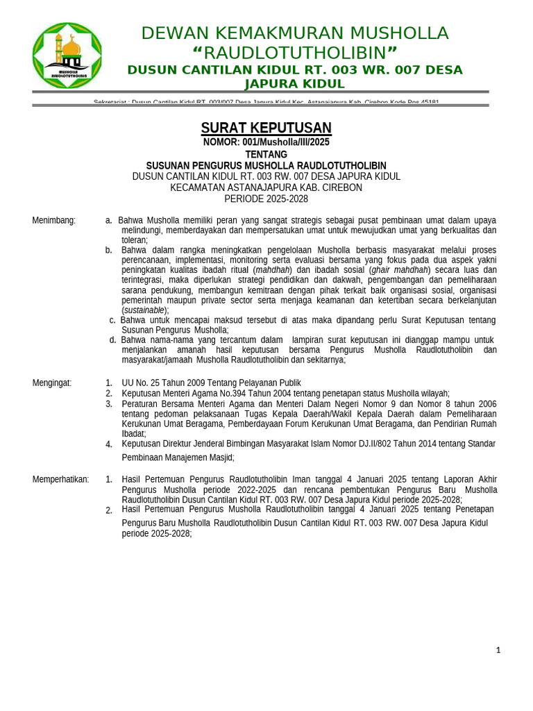 SK Pengurus DKM Mushola Raudlotutholibin | PDF