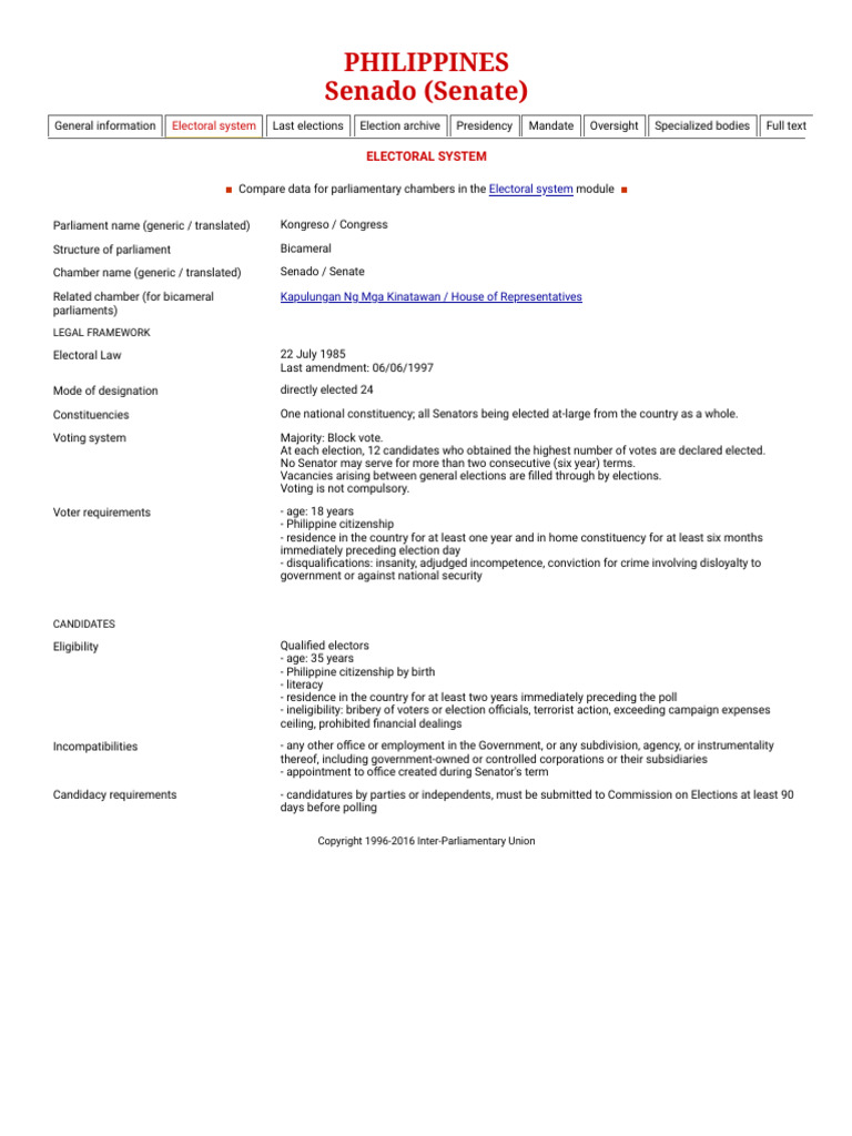 Philippines Senate Electoral System Overview | PDF | Elections ...
