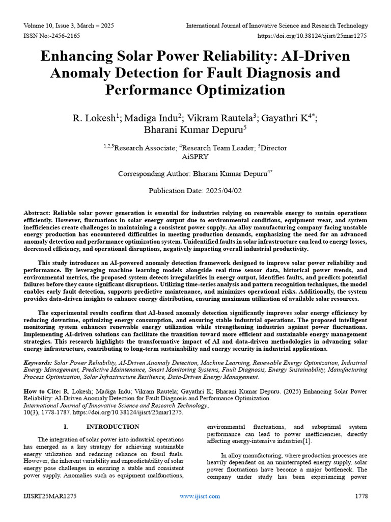 Enhancing Solar Power Reliability: AI-Driven Anomaly Detection For Fault Diagnosis and ...