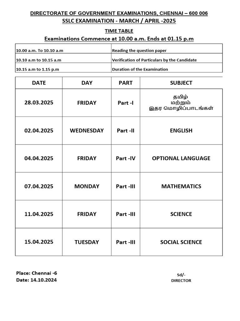 Timetable - 12 - 11 - 10 - 2025 SSLC | PDF